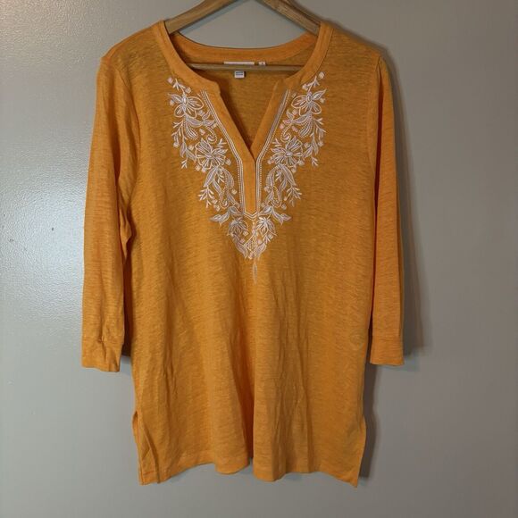 Chico's | Tops | Chicos 0 Linen Tunic Top Orange White Embroidered ...